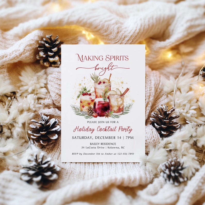Making Spirits Bright Cocktail Party Invitation, Holiday Cocktail Party ...