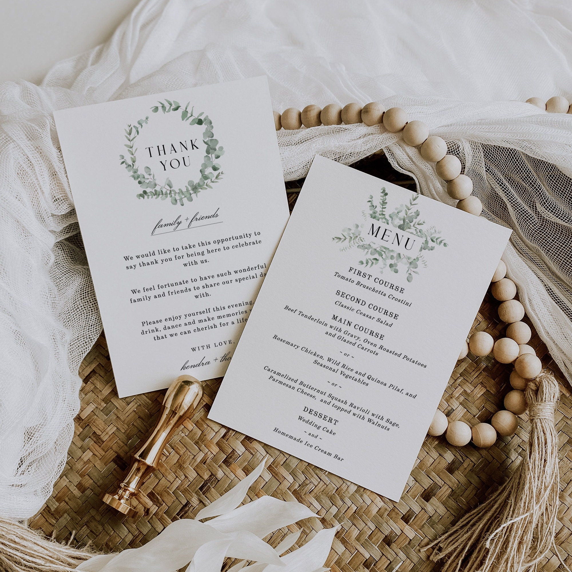 Wedding Menu and Thank You Template Eucalyptus Thank You Table Card ...