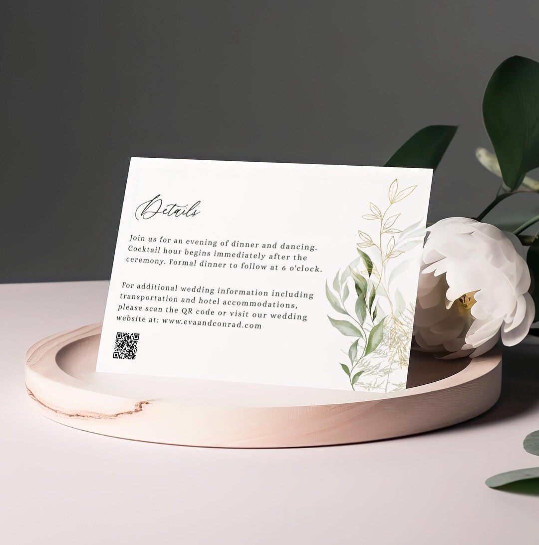 Details Card With QR Code, Greenery Wedding Details Card, Printable ...