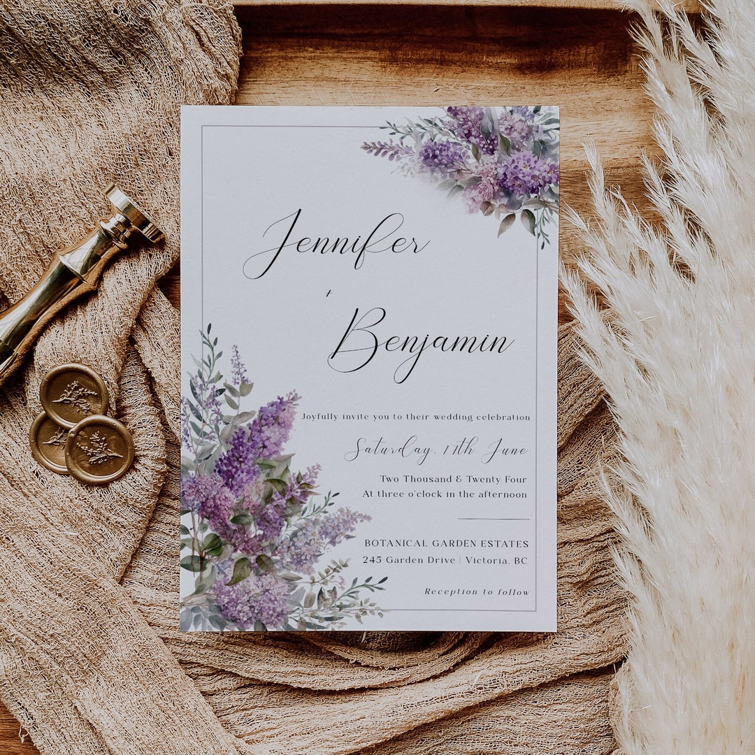 Lilac Wedding Invitation Template, Botanical Wedding Invite, Watercolor ...