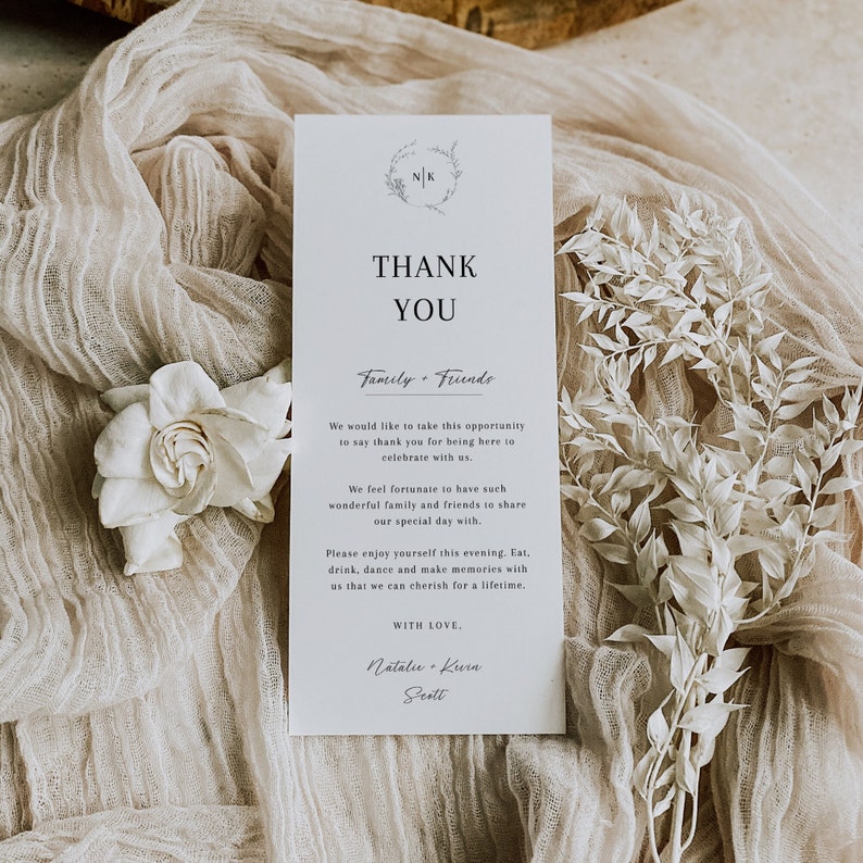 Monogram Wedding Thank You Table Card, Thank You Napkin Note, Printable Thank You Template ...
