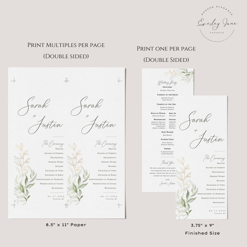 Greenery Wedding Program Template Modern Order of Service - Etsy