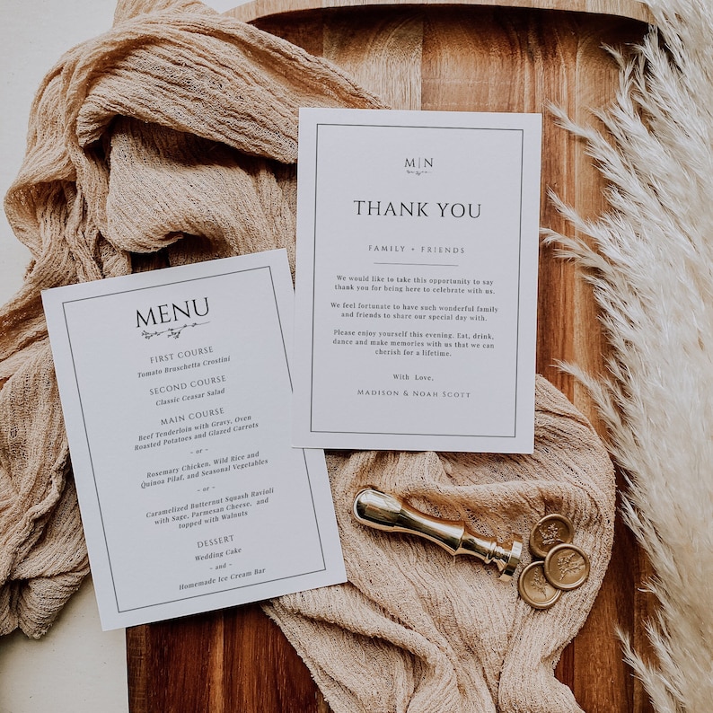 Classic Wedding Menu and Thank You Card Thank You Napkin - Etsy
