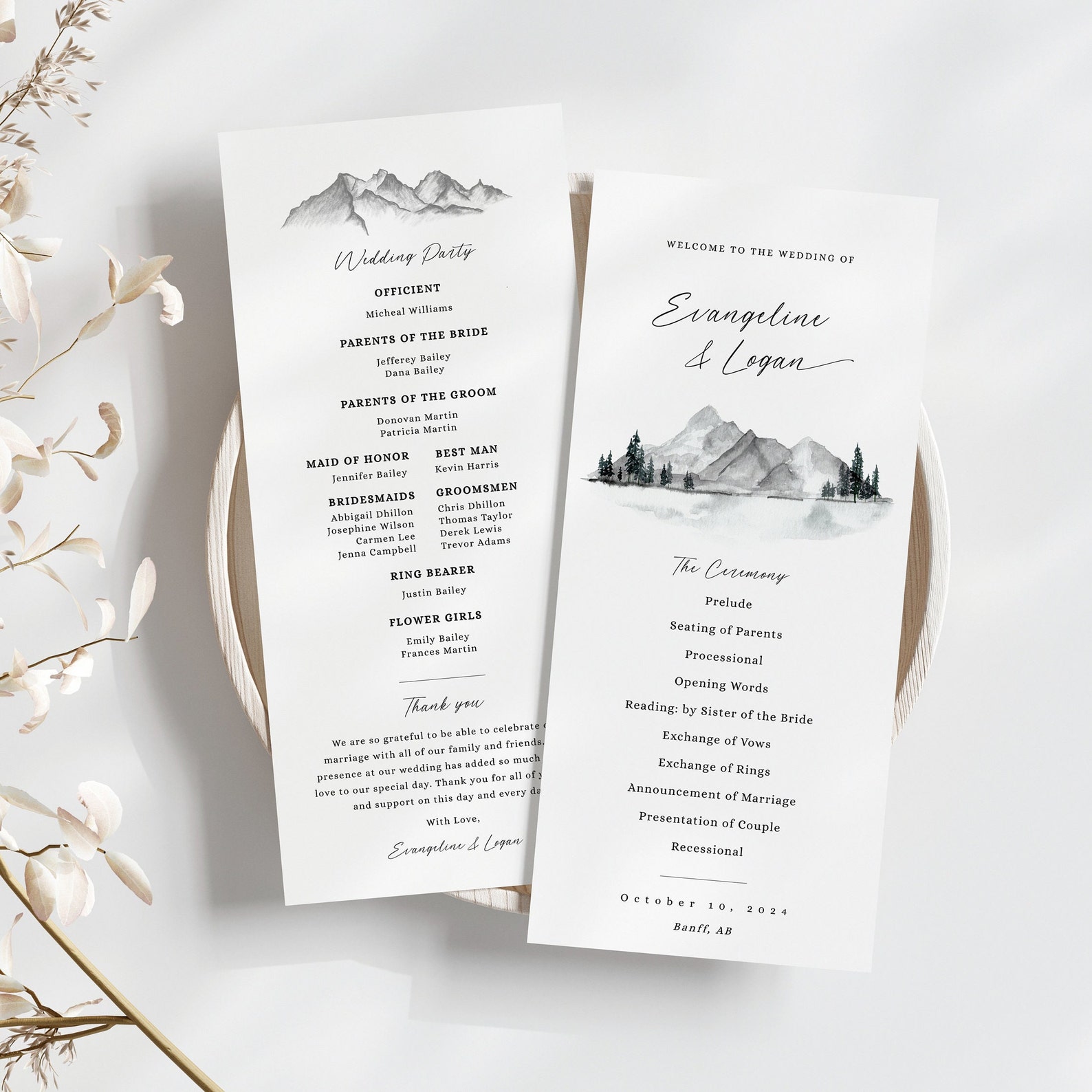 Rustic Wedding Program Template, Mountain Wedding Program, Order of Service, Ceremony Itinerary ...