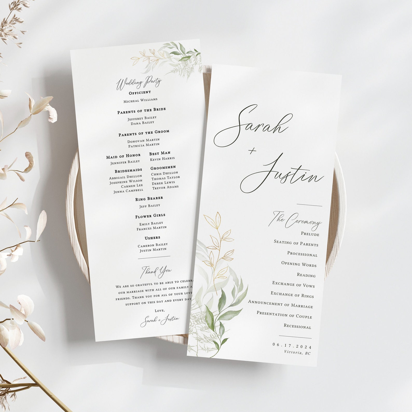 Greenery Wedding Program Template Modern Order of Service - Etsy