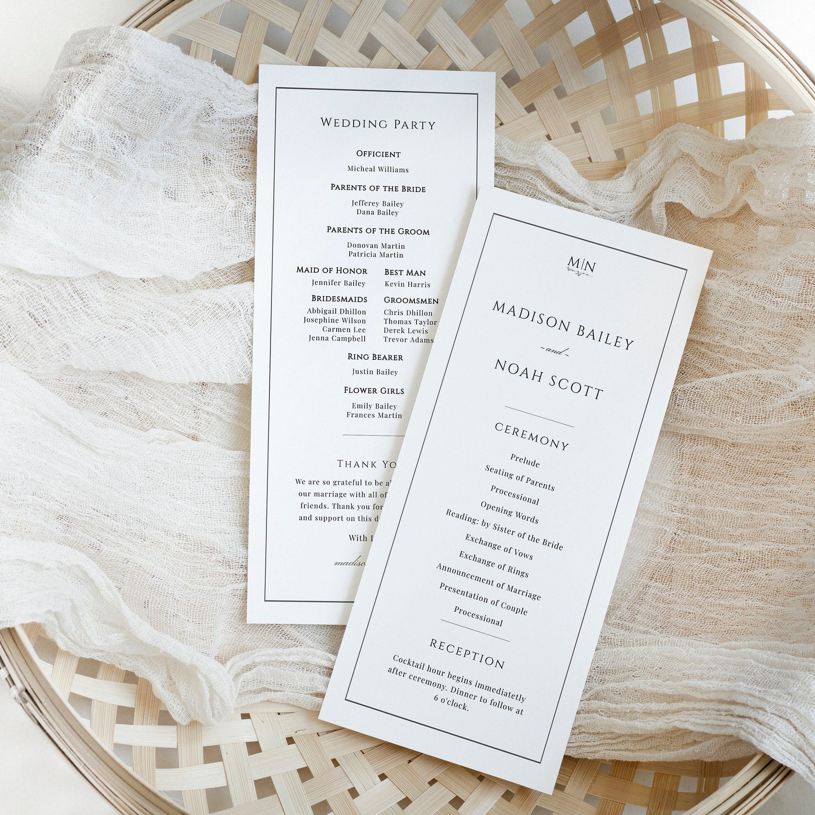 Monogram Wedding Program Card, Classic Wedding Program, Modern Order of ...