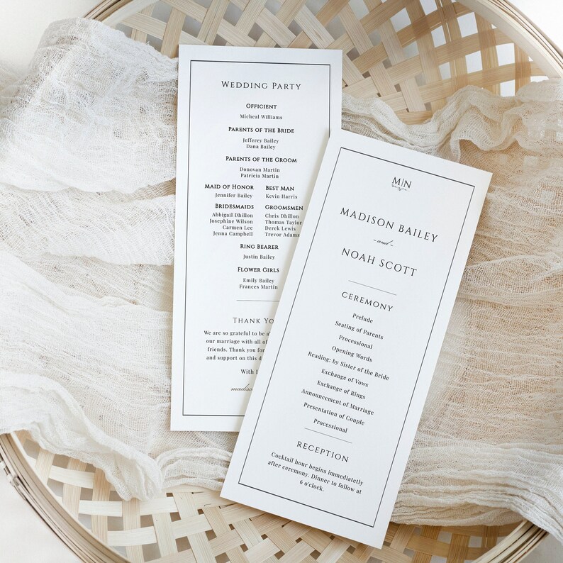 Monogram Wedding Program Card, Classic Wedding Program, Modern Order of ...