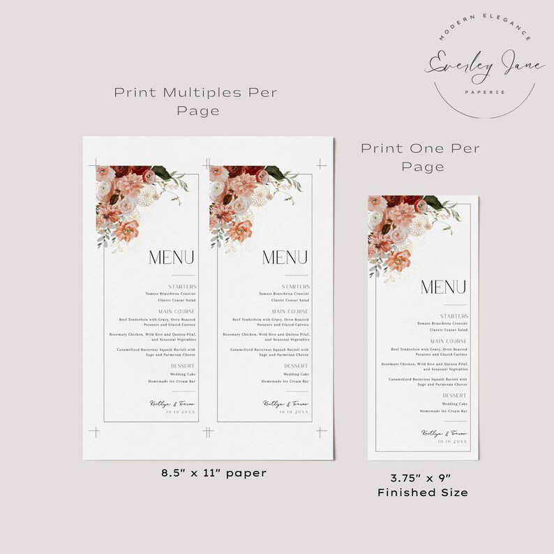 Modello di menu per matrimonio autunnale, menu per matrimonio floreale ...