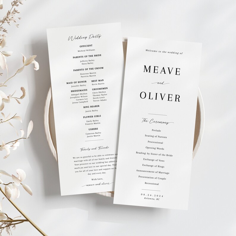 Minimalist Wedding Program Template, Modern Order of Service, Ceremony Itinerary, Editable ...