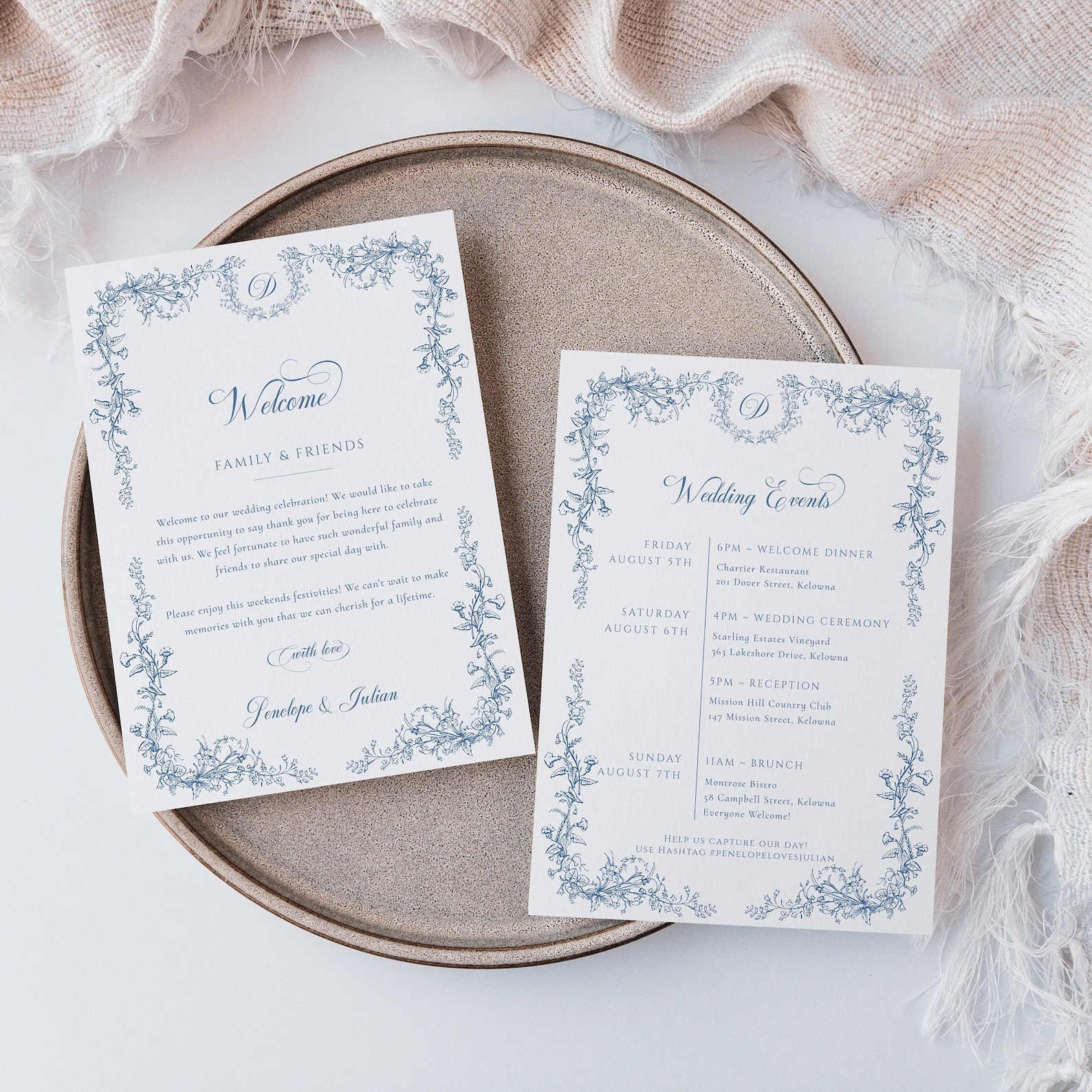 Wedding Welcome Letter and Events Timeline Template, Blue Toile Wedding ...