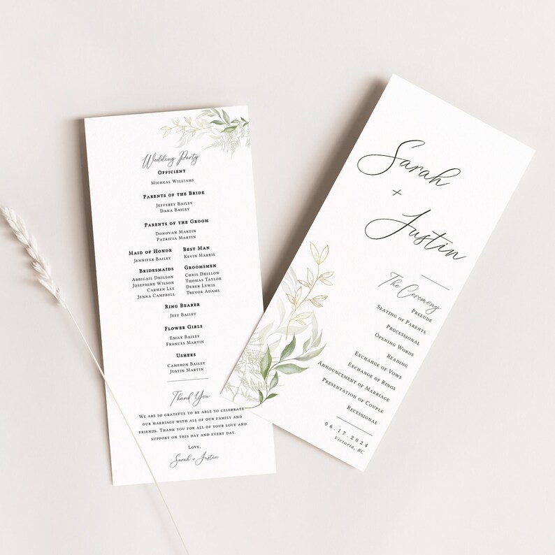 Greenery Wedding Program Template Modern Order of Service - Etsy