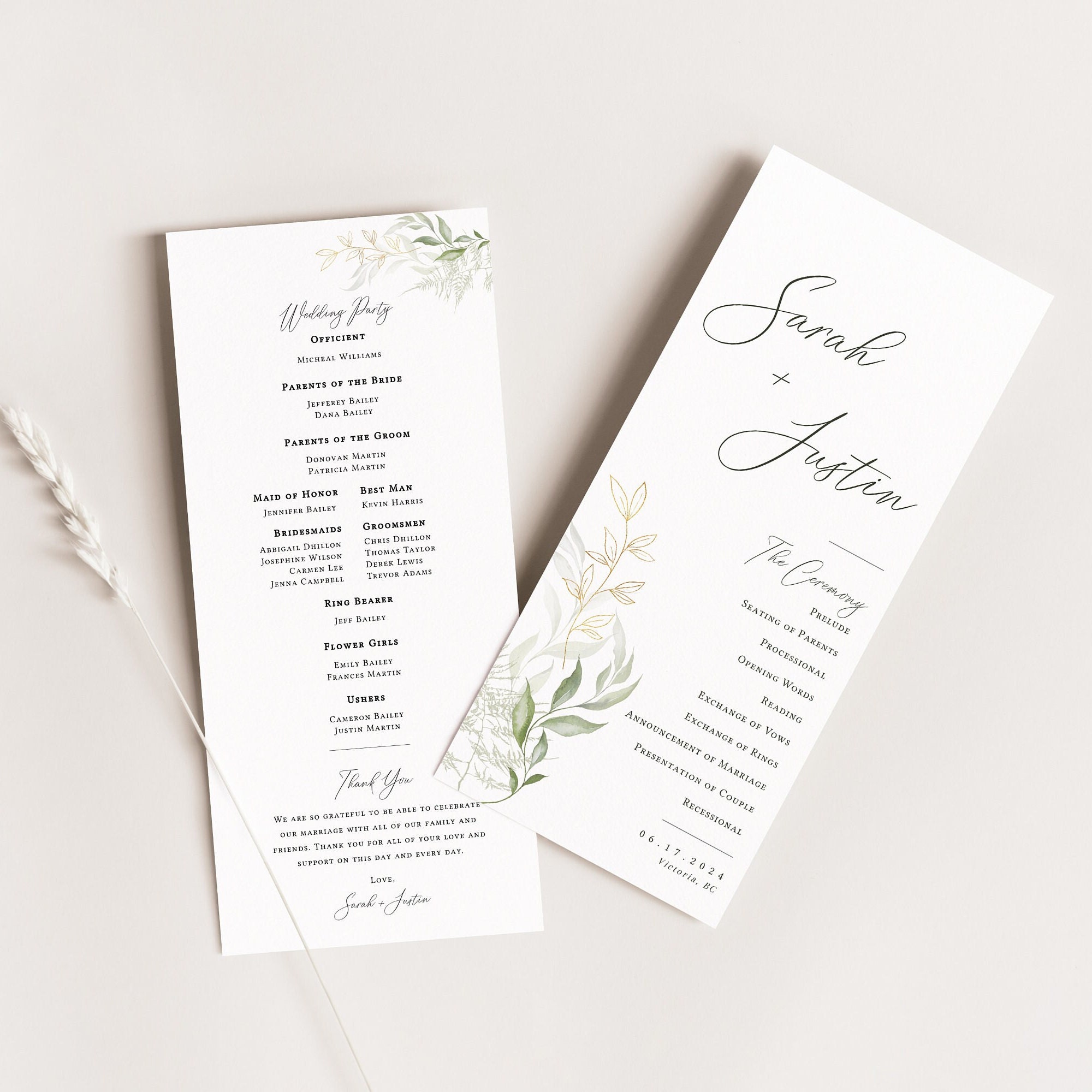 Greenery Wedding Program Template Modern Order of Service - Etsy
