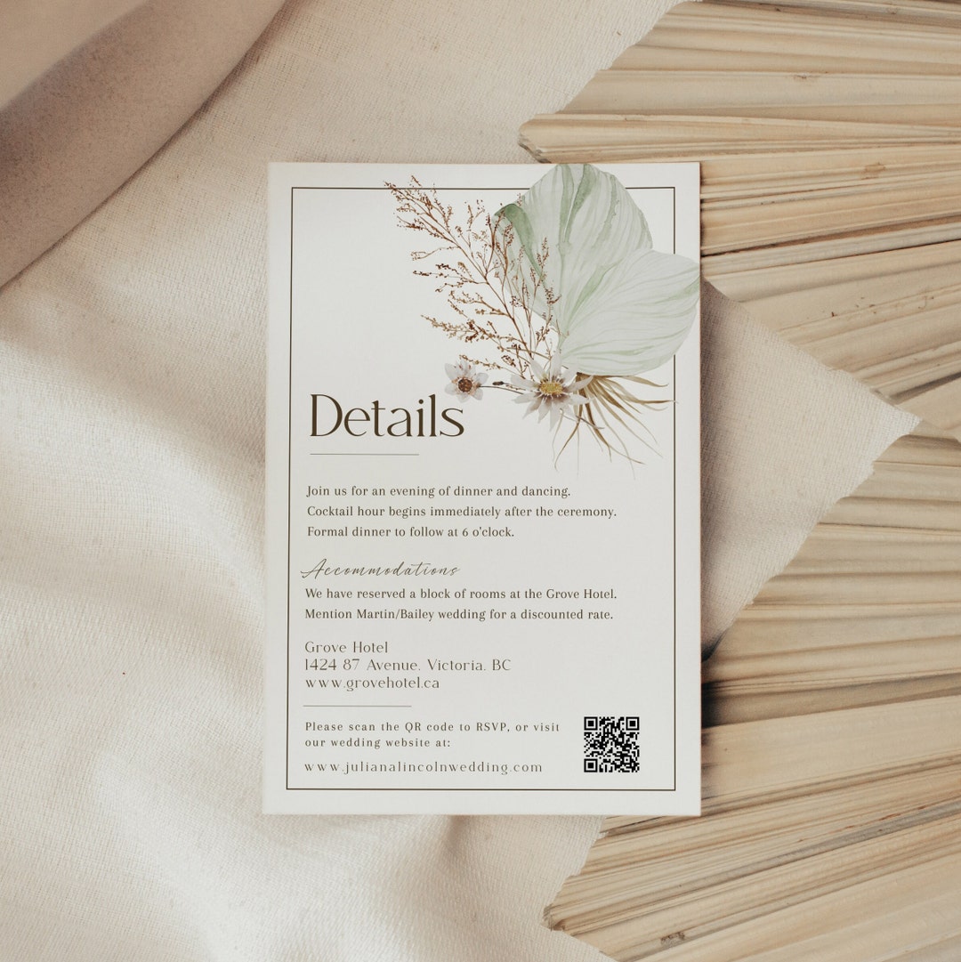 Boho Wedding Details Card Template, QR Code Details Card, Wedding Invite Enclosure, Printable ...
