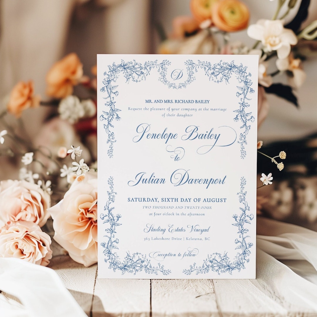 French Toile Wedding Invite, Blue Toile Invitation, Chinoiserie Wedding ...