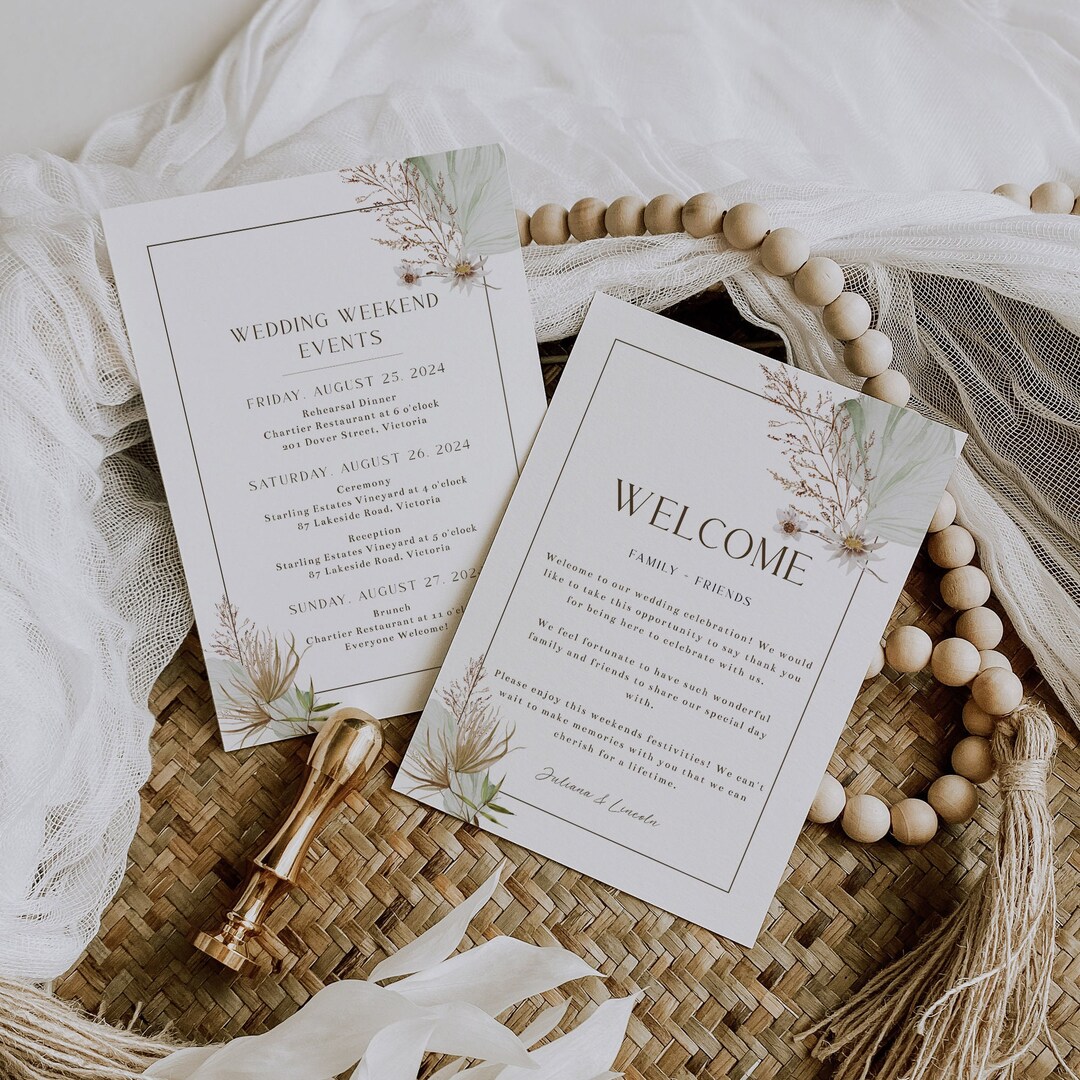 Boho Wedding Welcome Letter and Timeline, Welcome and Itinerary Template, Weekend Events Card ...