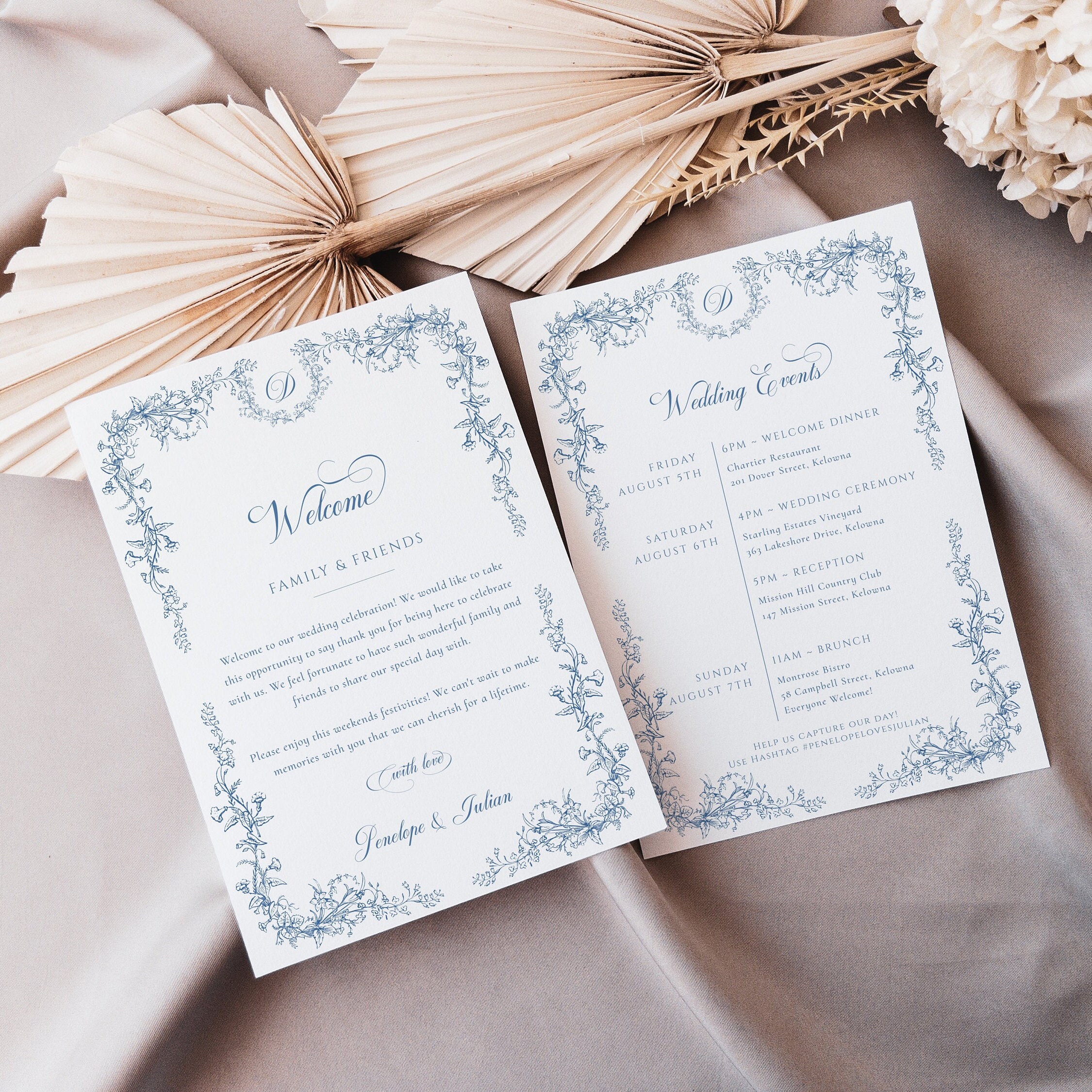 Wedding Welcome Letter and Events Timeline Template, Blue Toile Wedding ...