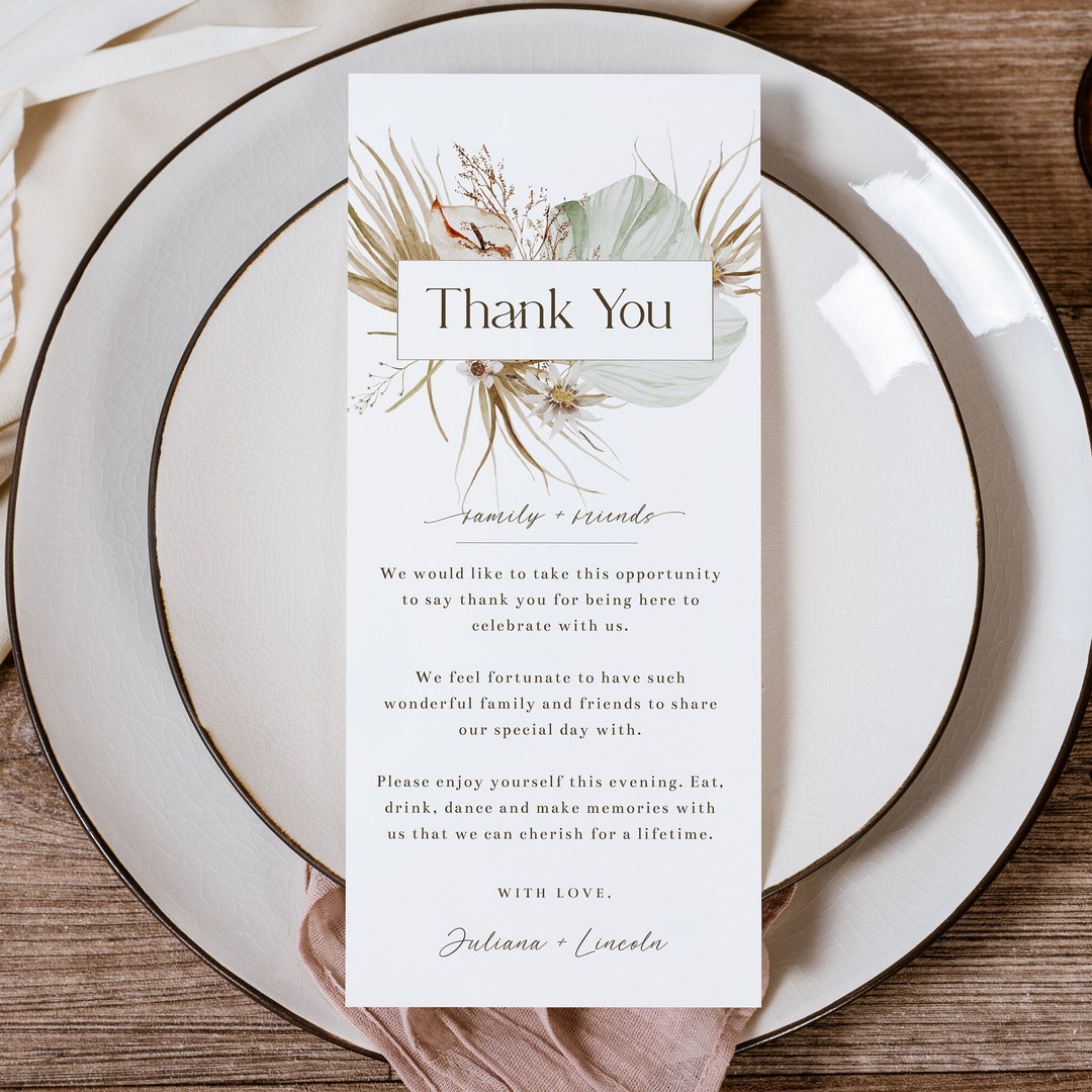 Boho Thank You Place Card, Thank You Napkin Note, Printable Thank You, Wedding Place Setting ...