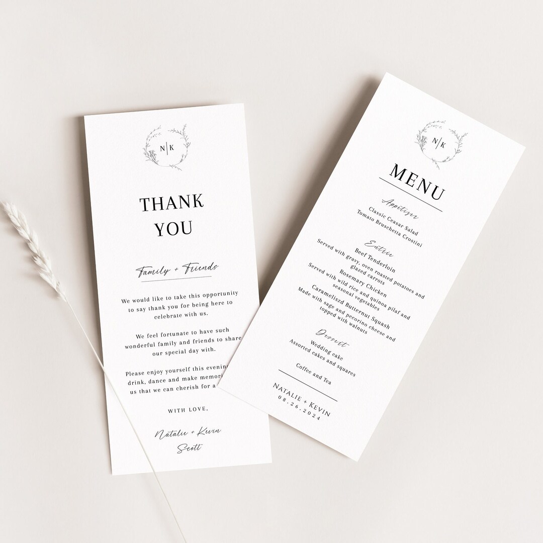 Monogram Wedding Menu and Thank You Card, Printable Dinner Menu, Thank ...
