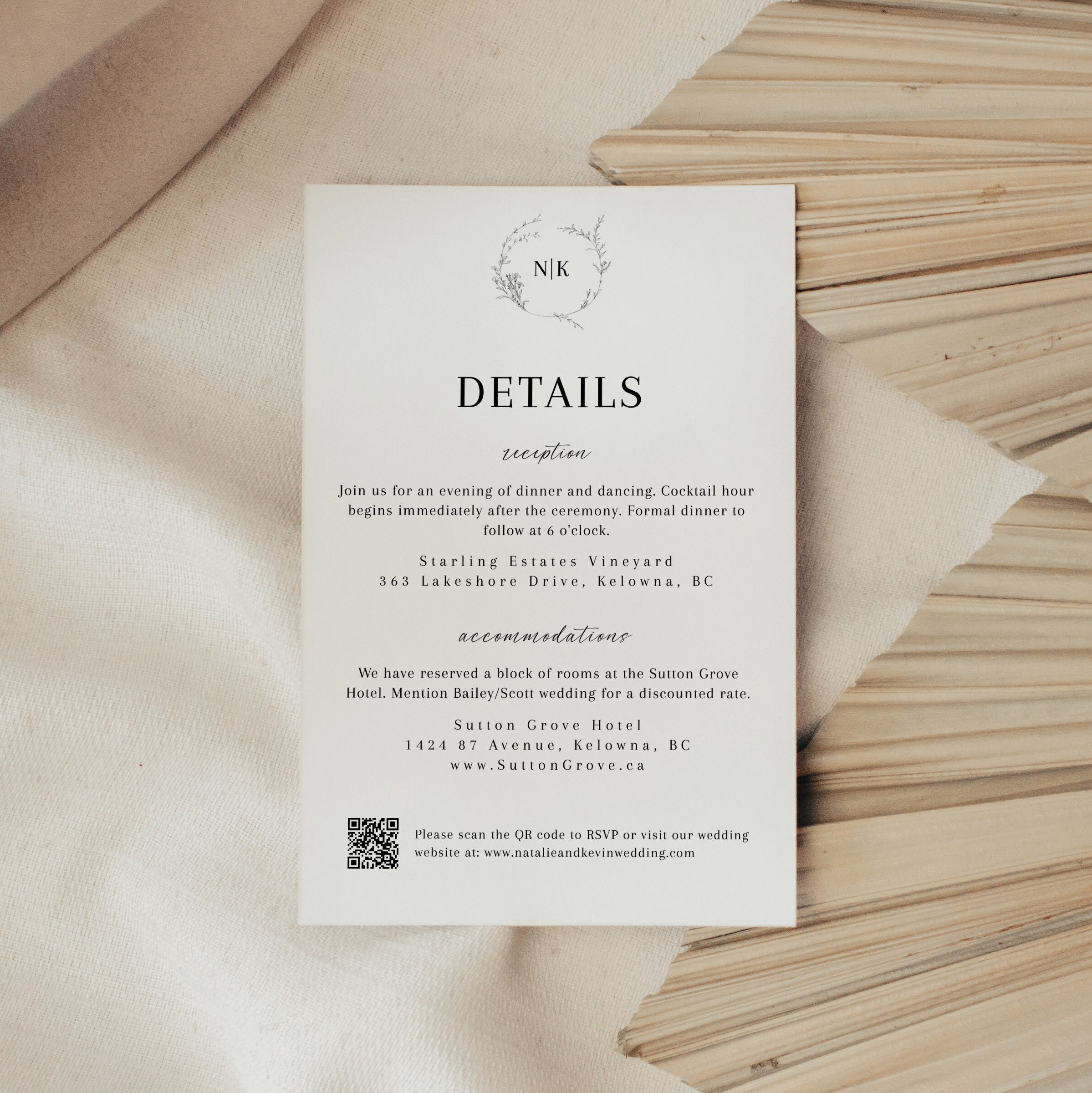 Monogram Wedding Details Card Template, Elegant Botanical Wedding Invite Enclosure, QR Code ...