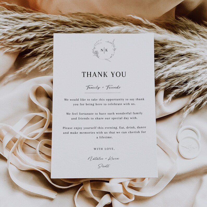 Monogram Wedding Thank You Table Card, Thank You Napkin Note, Printable Thank You Template ...