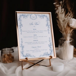 Dusty Blue Bar Menu, Blue Toile Wedding Bar Menu Template, Chinoiserie ...