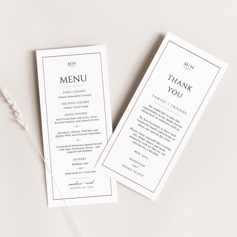 Classic Wedding Menu and Thank You Card Thank You Napkin - Etsy