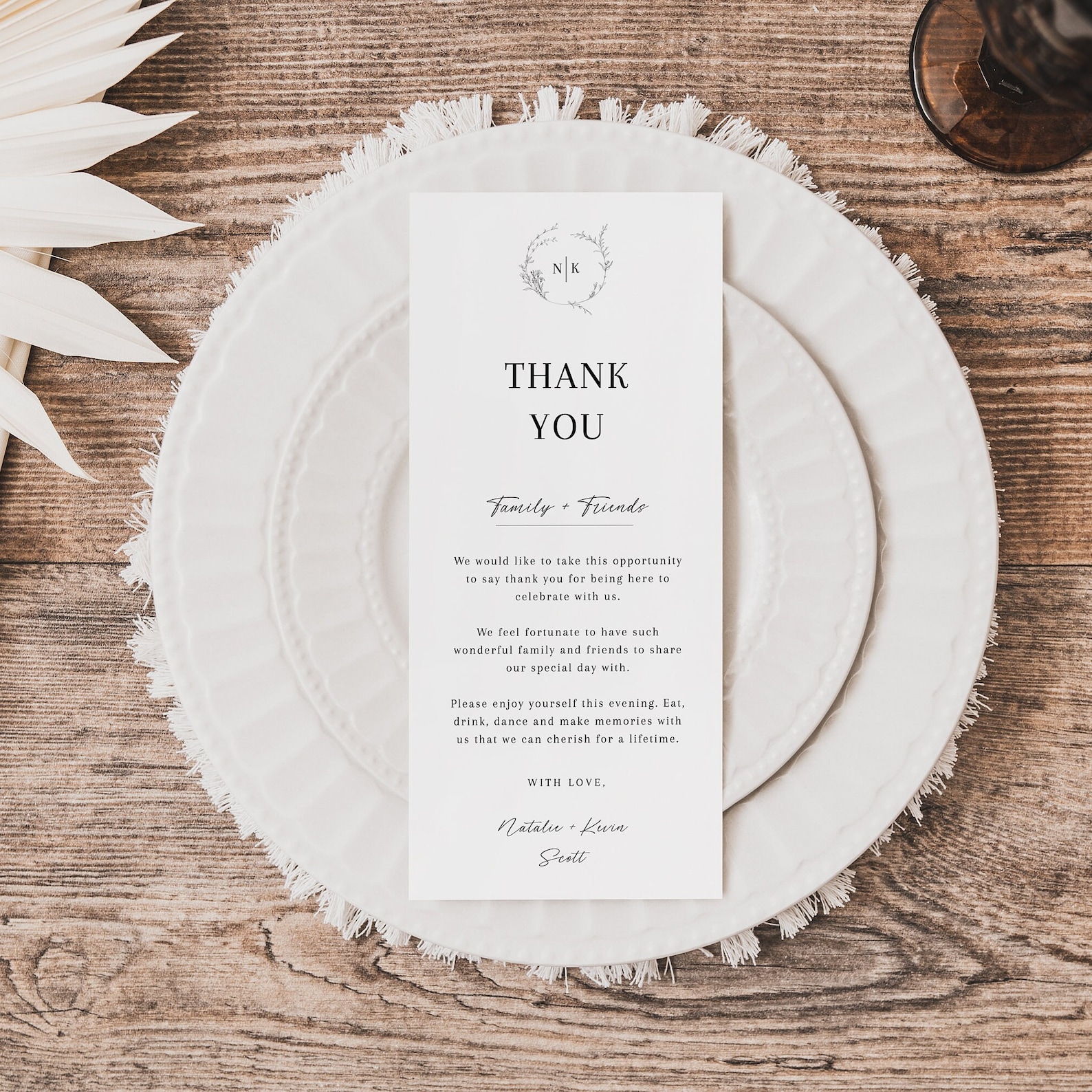 Monogram Wedding Thank You Table Card, Thank You Napkin Note, Printable ...