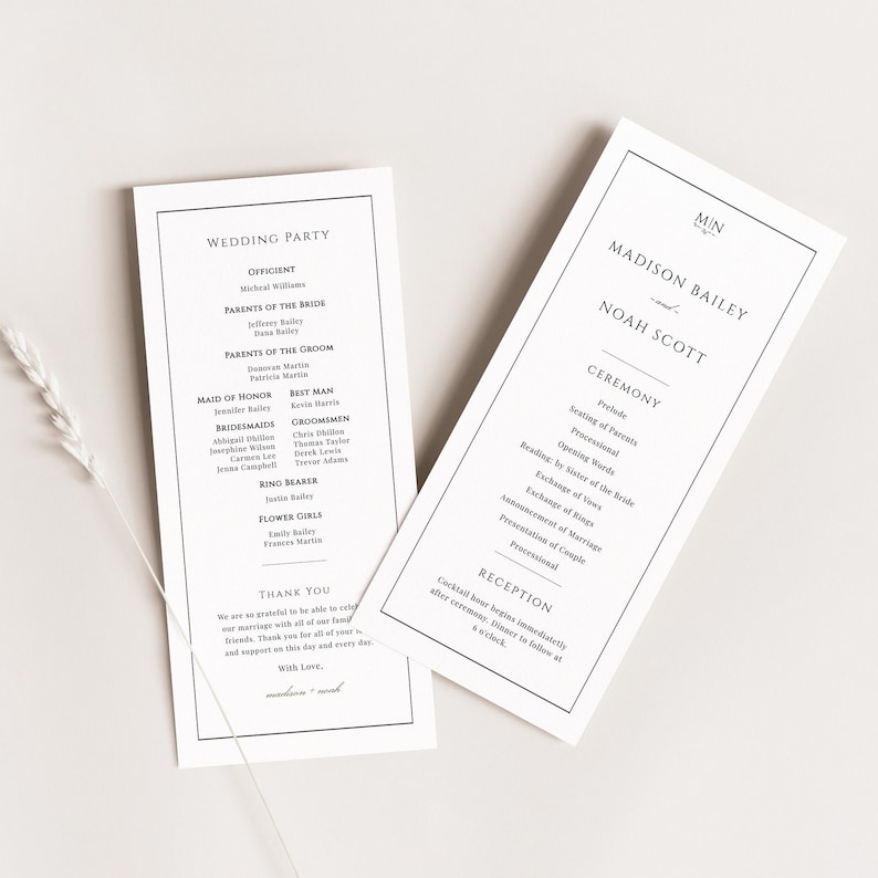 Monogram Wedding Program Card, Classic Wedding Program, Modern Order of Service, Editable ...