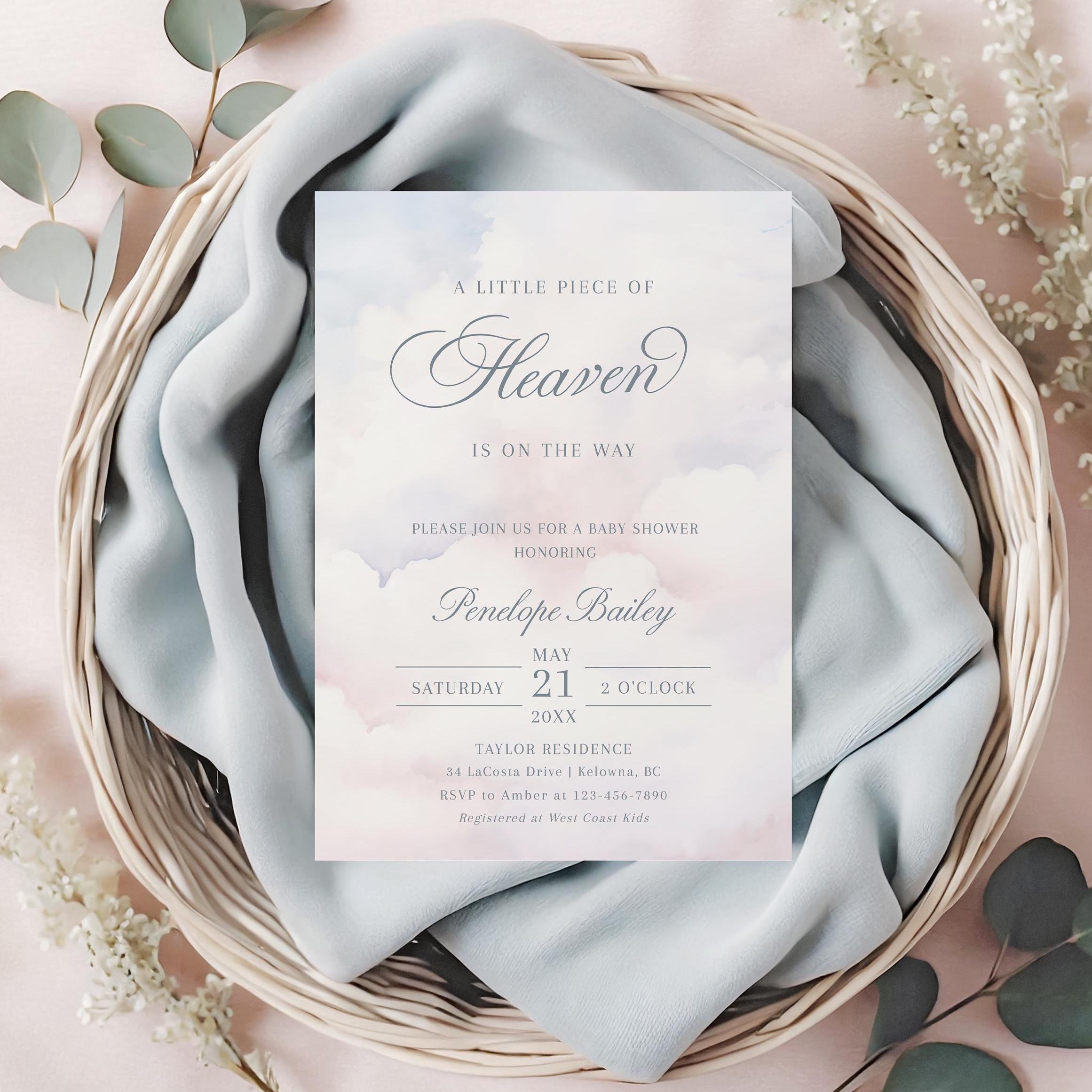 A Little Piece of Heaven Baby Shower Invitation, Heaven Sent Baby ...