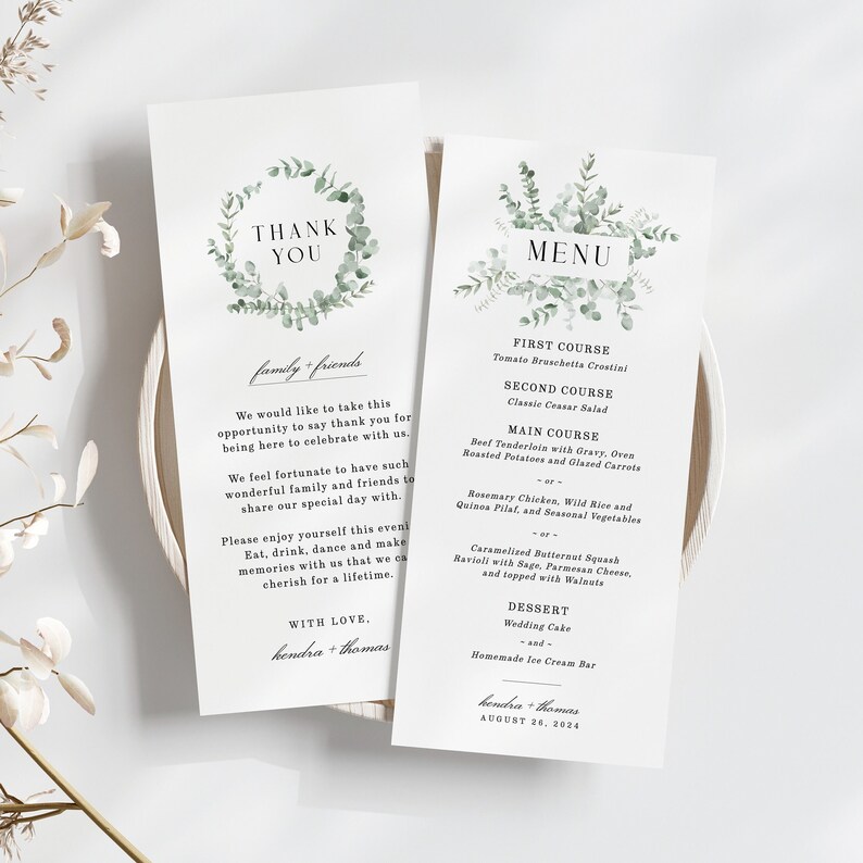 Wedding Menu and Thank You Template Eucalyptus Thank You Table Card ...