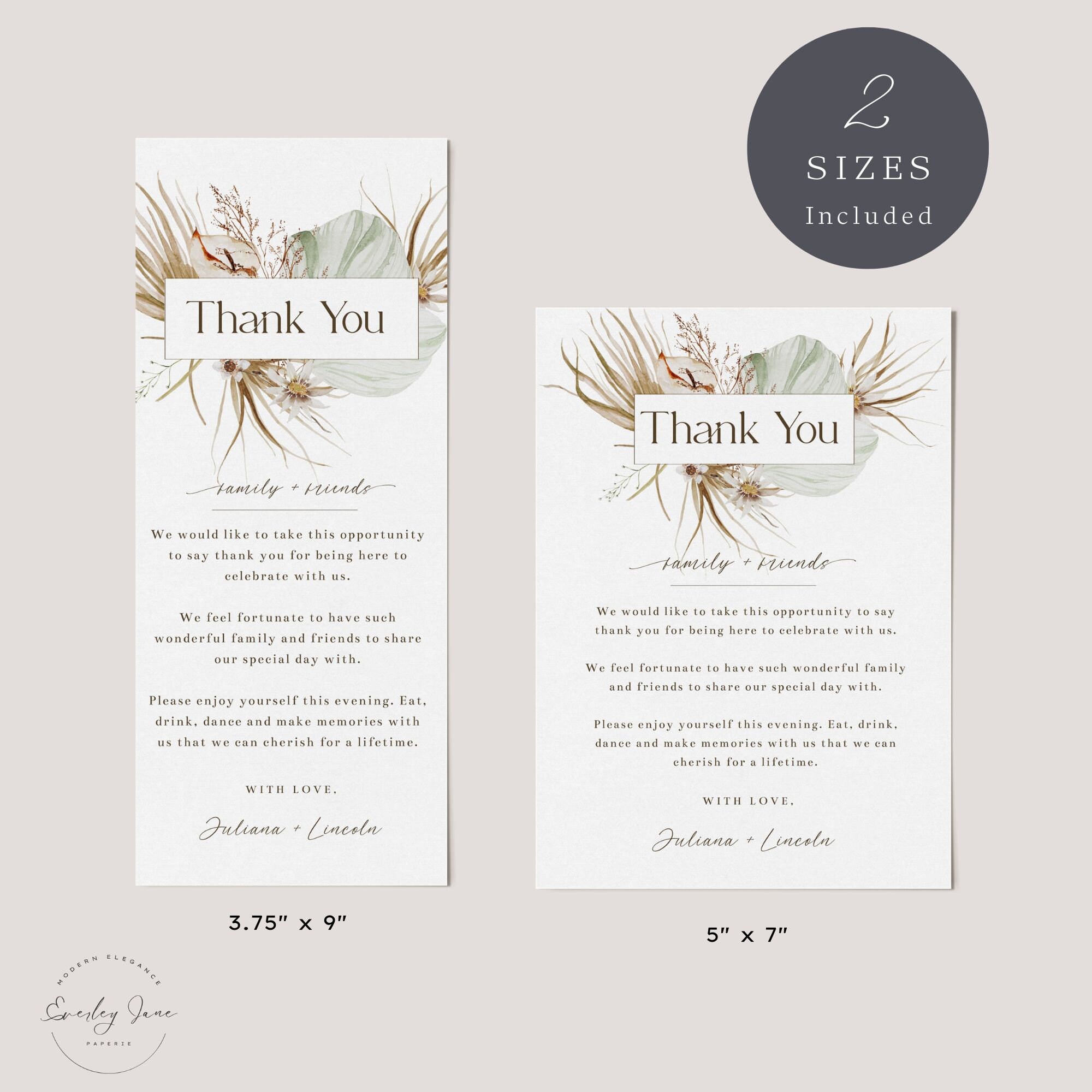 Boho Thank You Place Card, Thank You Napkin Note, Printable Thank You, Wedding Place Setting ...