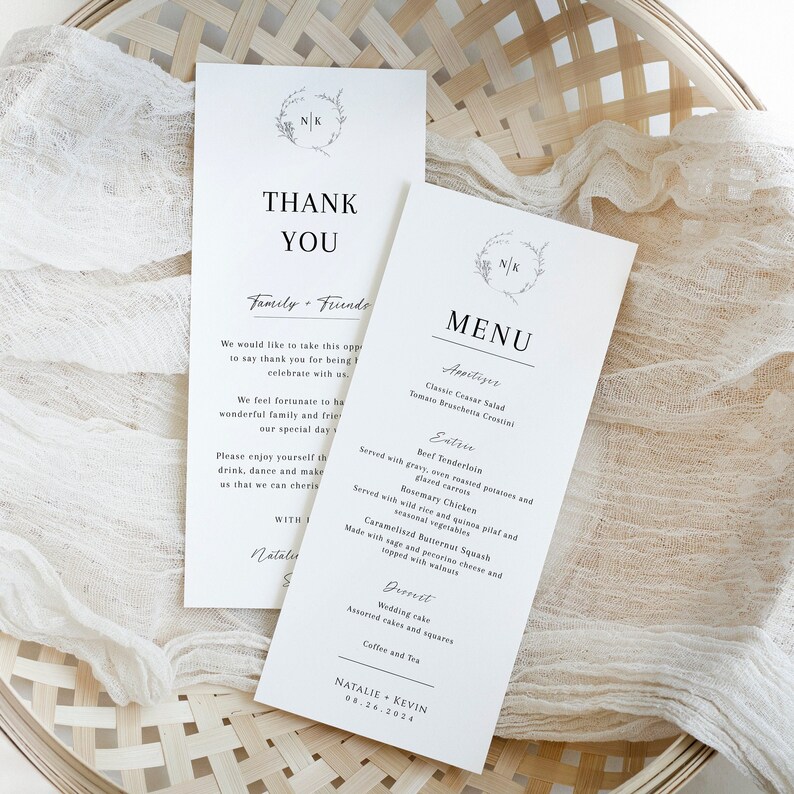 Monogram Wedding Menu and Thank You Card, Printable Dinner Menu, Thank ...