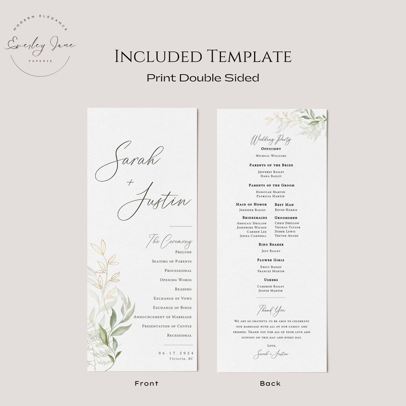 Greenery Wedding Program Template Modern Order of Service - Etsy