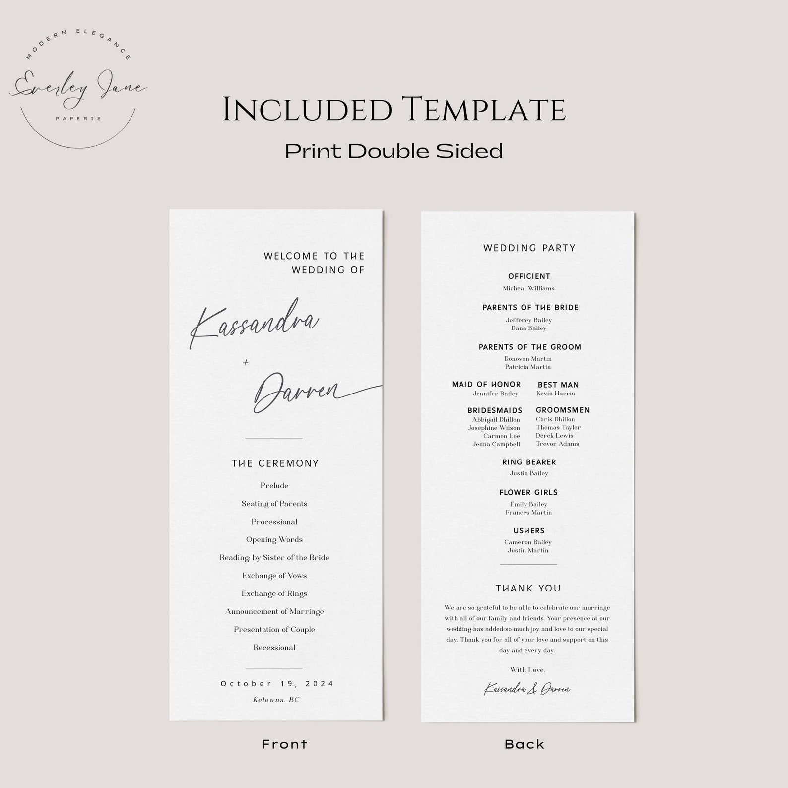 Minimalist Wedding Program Card Modern Order of Service - Etsy