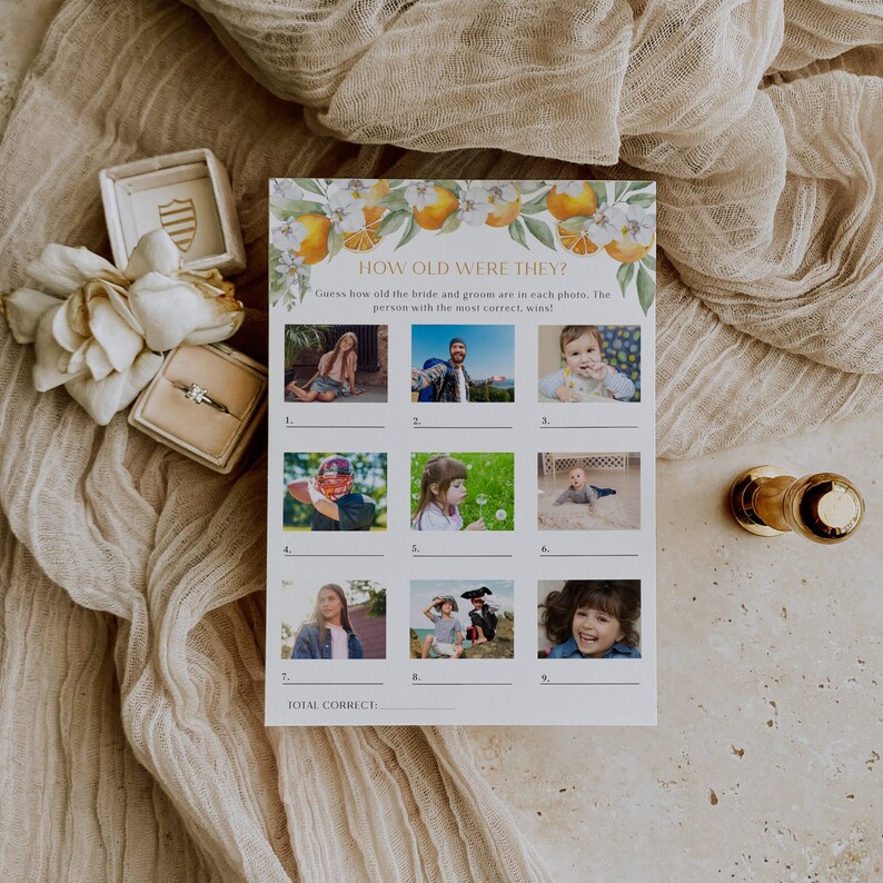 How Old Were the Bride and Groom Photo Game, Citrus Bridal Shower Game ...