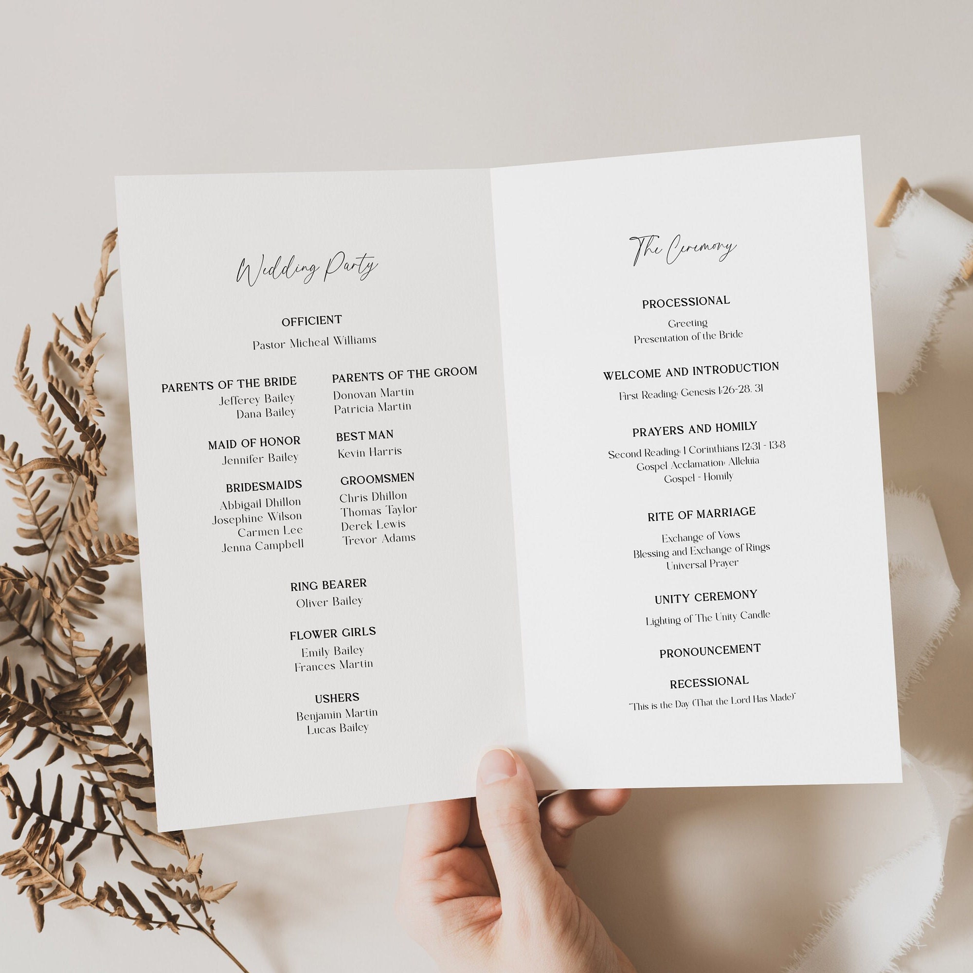 Church Wedding Program, Christian Ceremony Program, Folded Minimalist ...