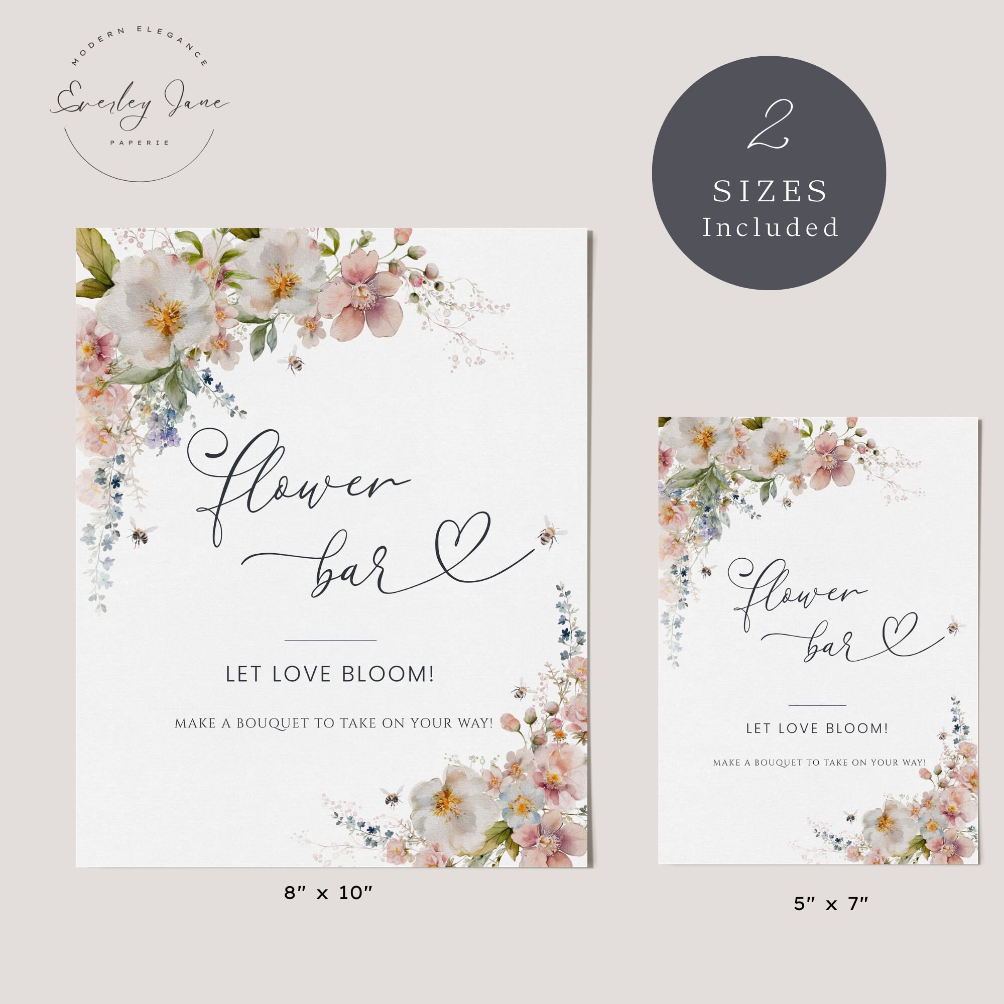 Flower Bar Sign, Wedding Flower Bar Sign Template, Pink Floral Wedding ...