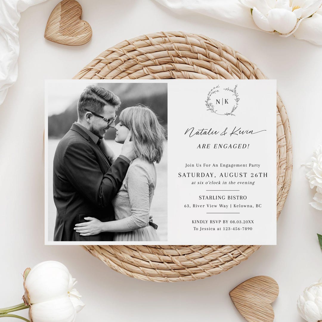 Engagement Party Invitation With Photo, Modern Minimalist Engagement Party Invitation, Monogram ...