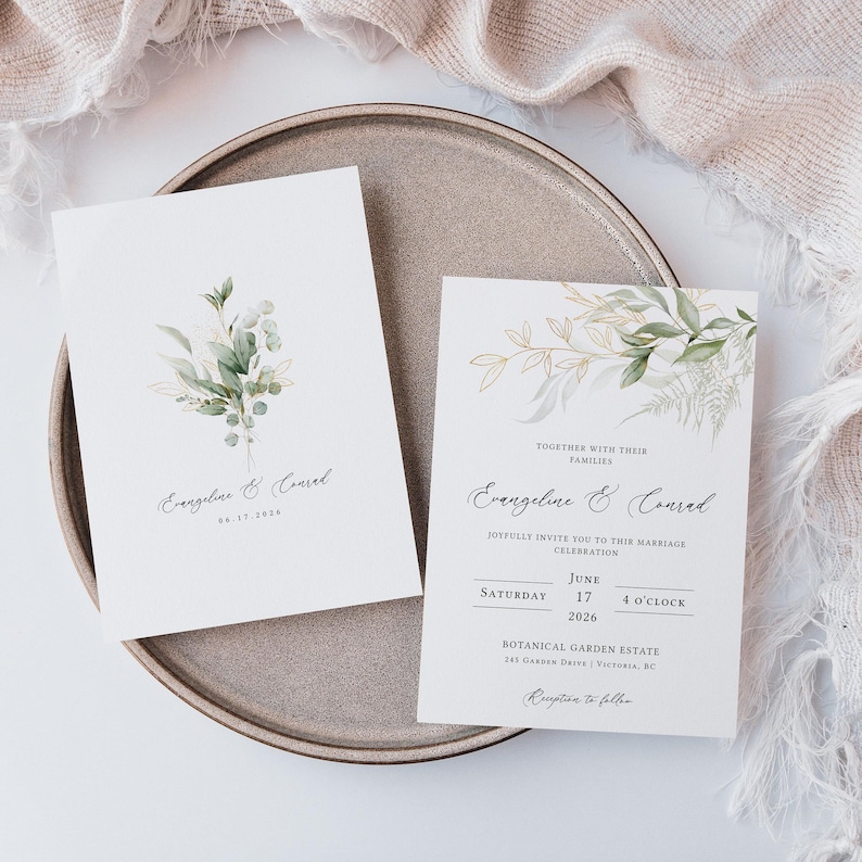 Greenery Wedding Invitation Template, Greenery Gold Wedding Invite ...