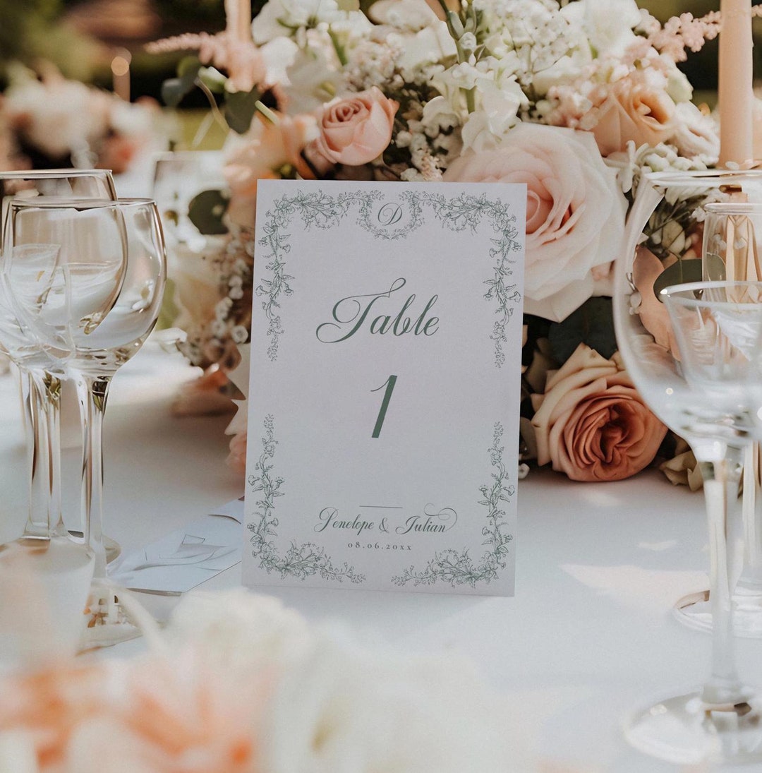 Sage Green Floral Table Numbers, Wedding Table Number Template, Green ...