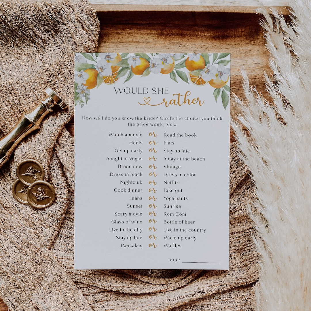 Would She Rather Bridal Shower Game Template, Citrus Bridal Shower Game ...