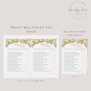 Over or Under Bridal Shower Game, Citrus Bridal Shower Game, Main ...