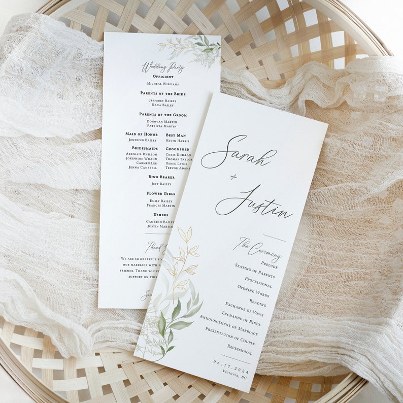 Greenery Wedding Program Template Modern Order of Service - Etsy