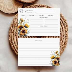 Sunflower Recipe Card Template, Bridal Shower Recipe Card Insert ...