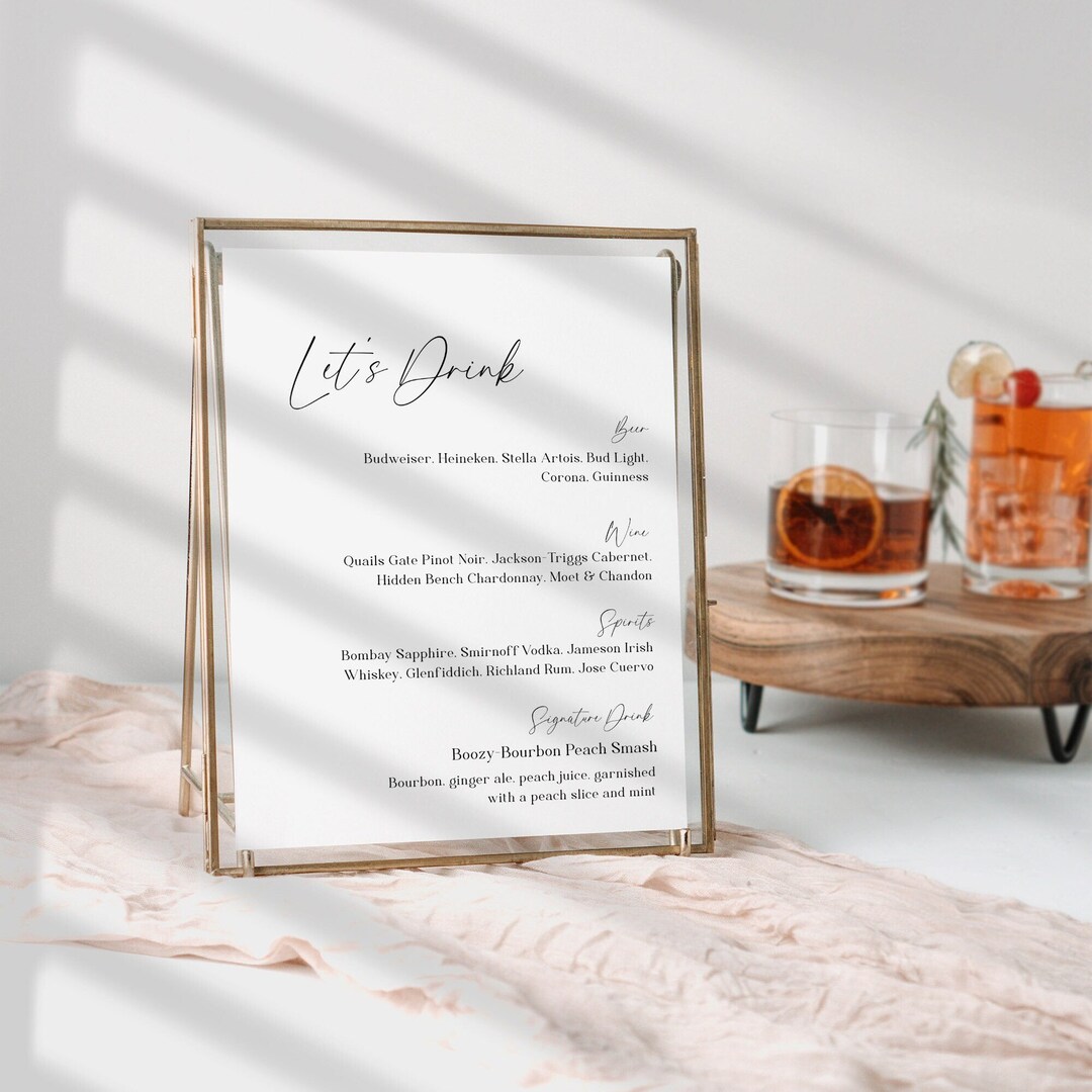 Minimalist Wedding Bar Menu, Let's Drink Bar Sign, Printable Bar Menu ...
