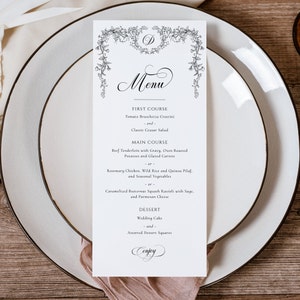 Wedding Menu Template Monogram, Black Floral Menu, Chinoiserie Wedding ...