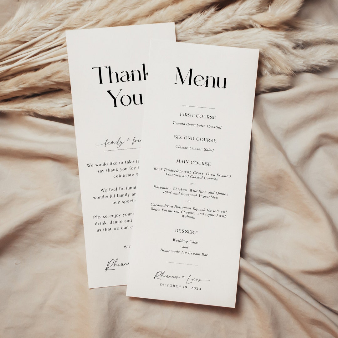 Minimal Wedding Menu and Thank You Card, Thank You Napkin Note ...