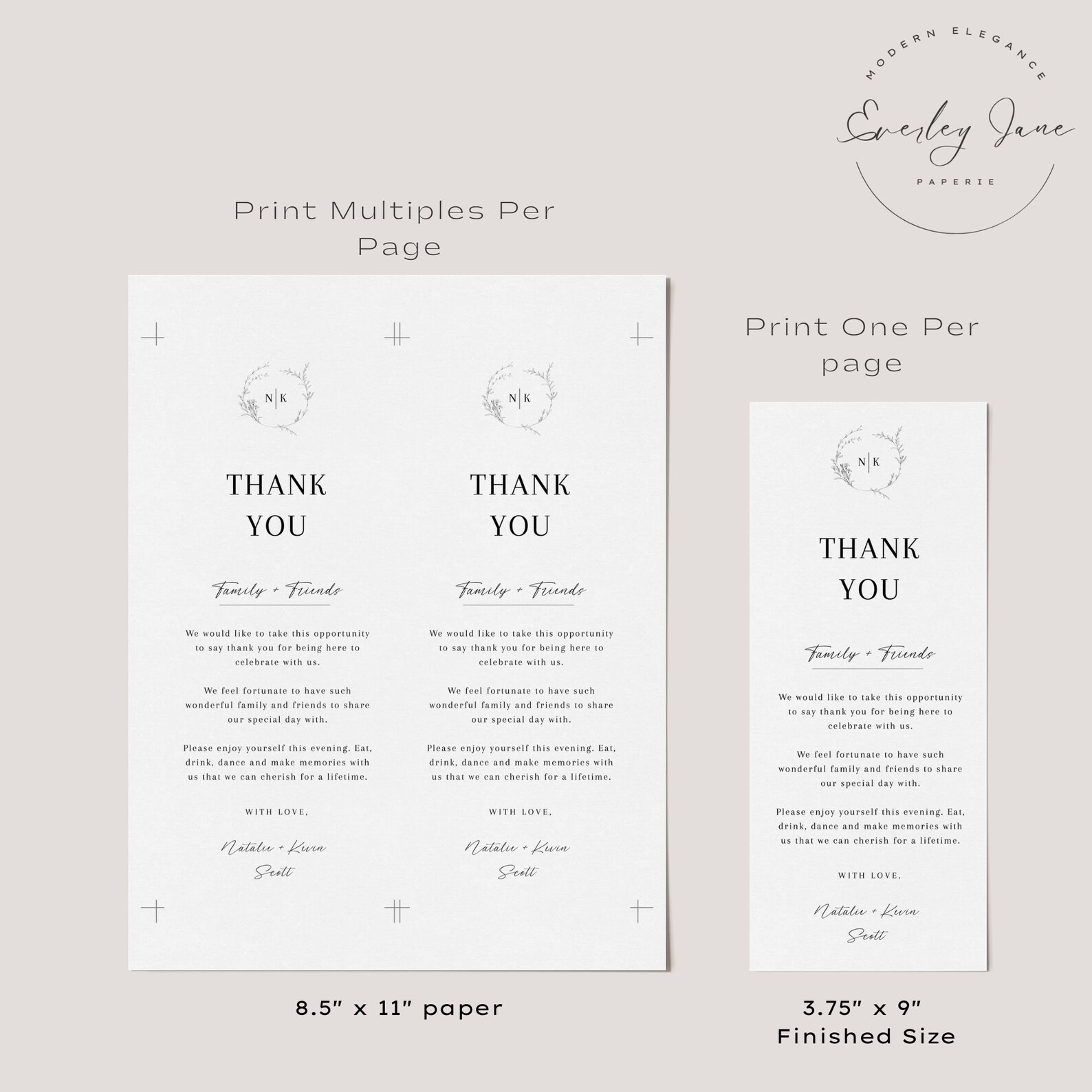 Monogram Wedding Thank You Table Card, Thank You Napkin Note, Printable ...