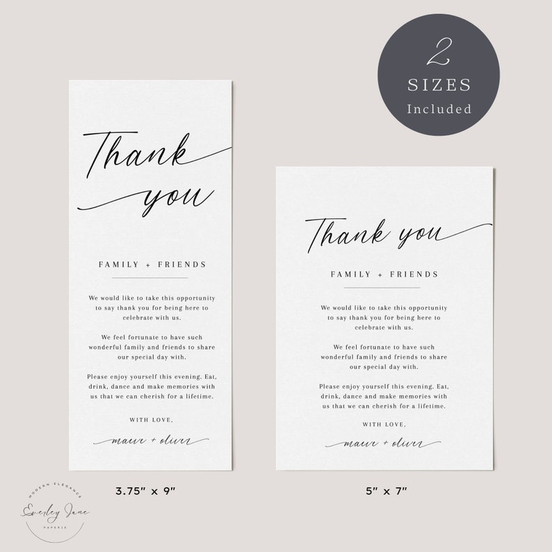 Minimalist Thank You Place Card Thank You Napkin Note - Etsy