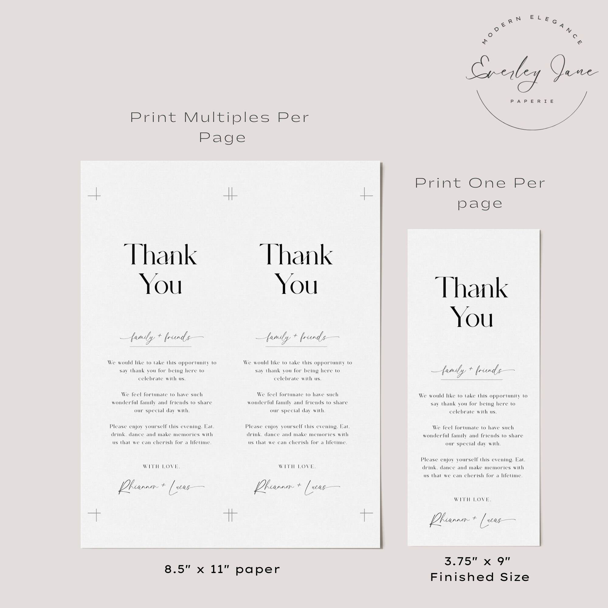 Modern Thank You Place Card, Thank You Napkin Note, Printable Thank You ...
